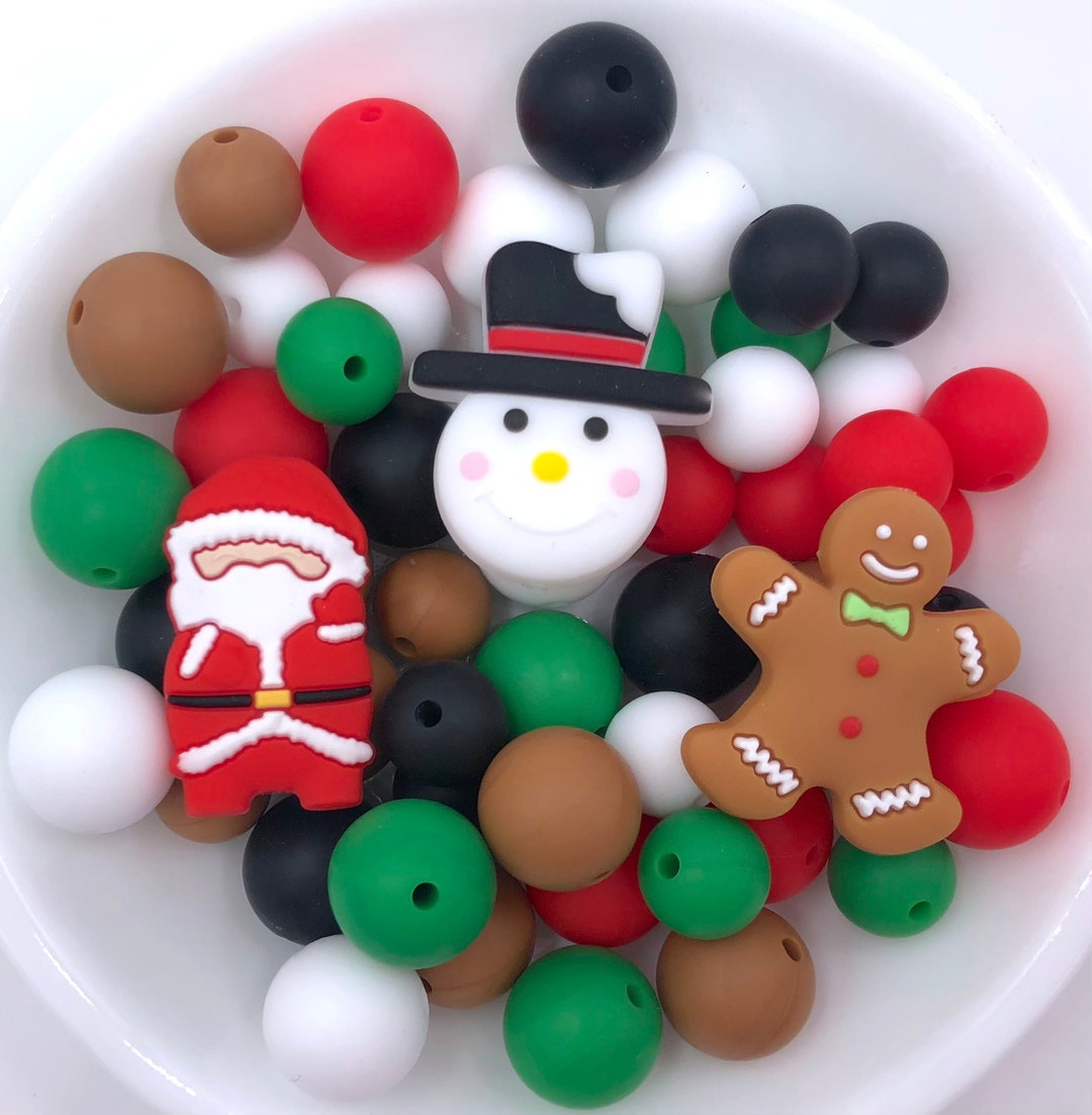 Focal Bead Mix, Christmas Silicone Bead Mix, White, Red, Green ...