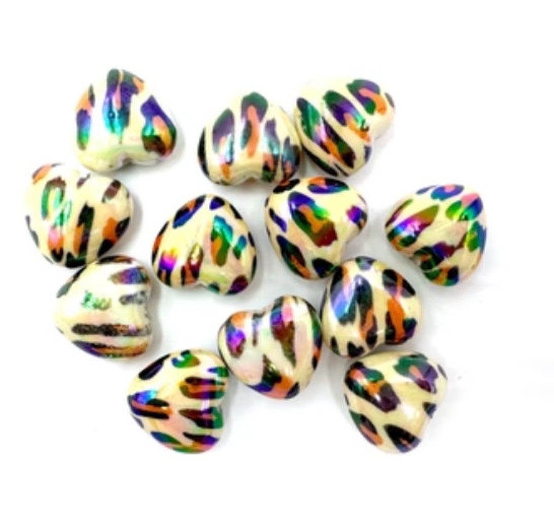Cheetah AB Iridescent Chunky Beads, Set of 5 Heart Beads, 20mm Heart ...