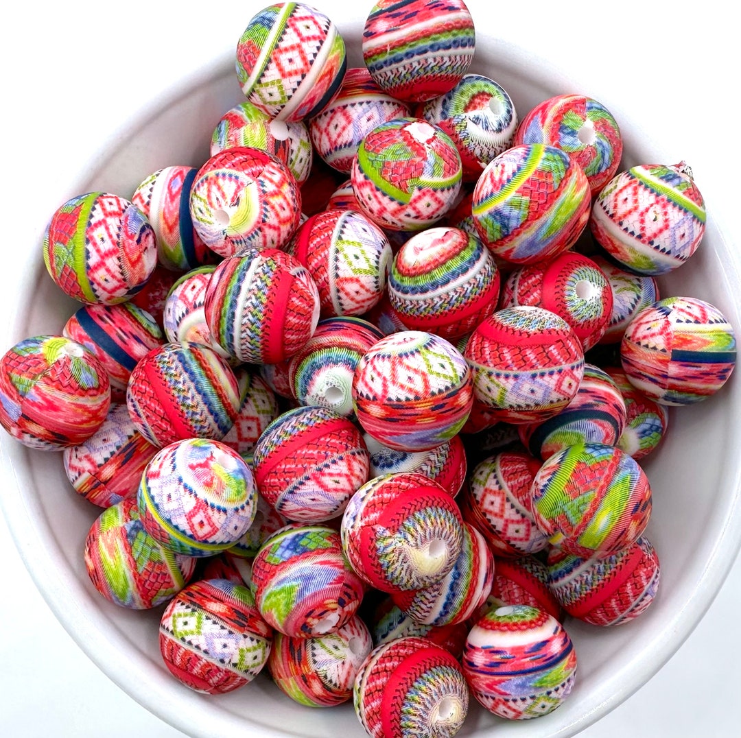 15mm Red Aztec Print Silicone Beads, Western Print Silicone Beads ...