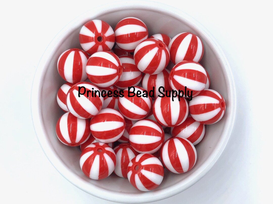 20mm Red & White Beach Ball Beads, Red Striped Chunky Beads, Red Stripe ...