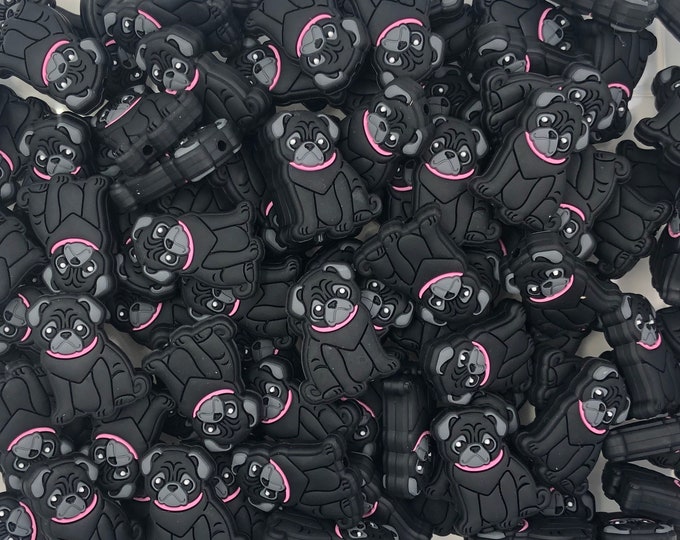 Black Pug Dog Silicone Focal Beads, Puppy Dog Shaped Silicone Beads ...