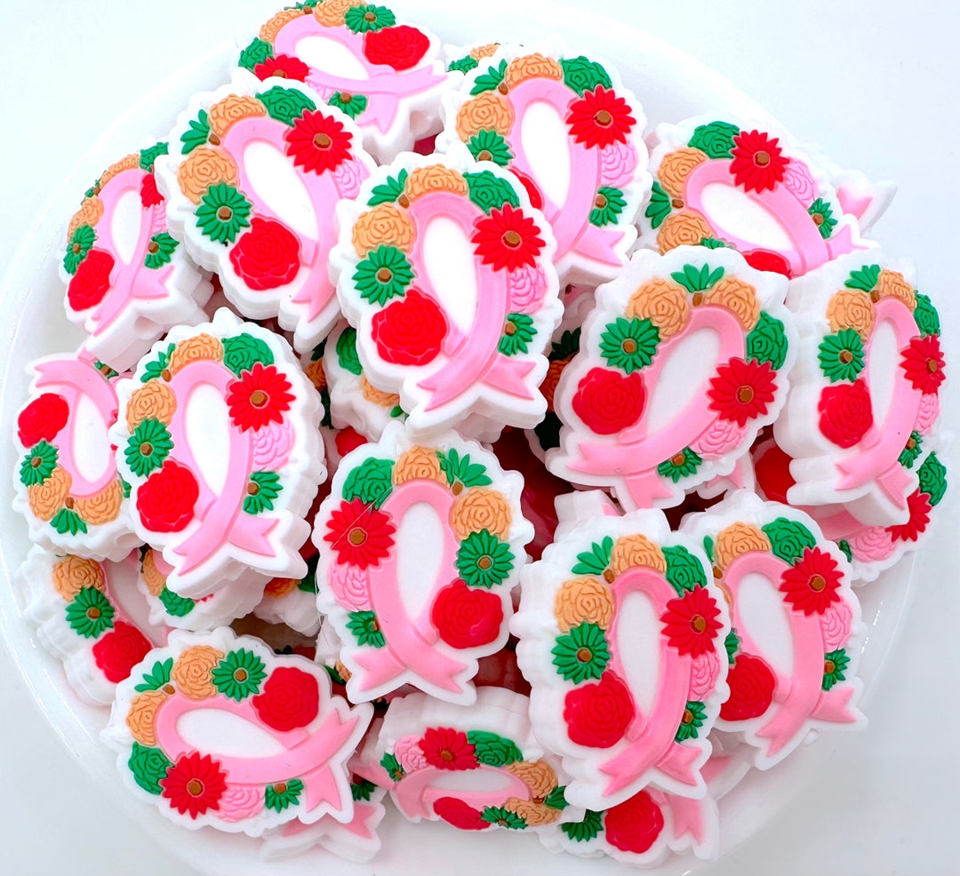 Floral Pink Ribbon Breast Cancer Awareness Silicone Beads, Ribbon ...