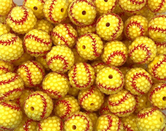 20mm Rhinestone Softball Ball Chunky Beads Set of 10, Softball Printed ...