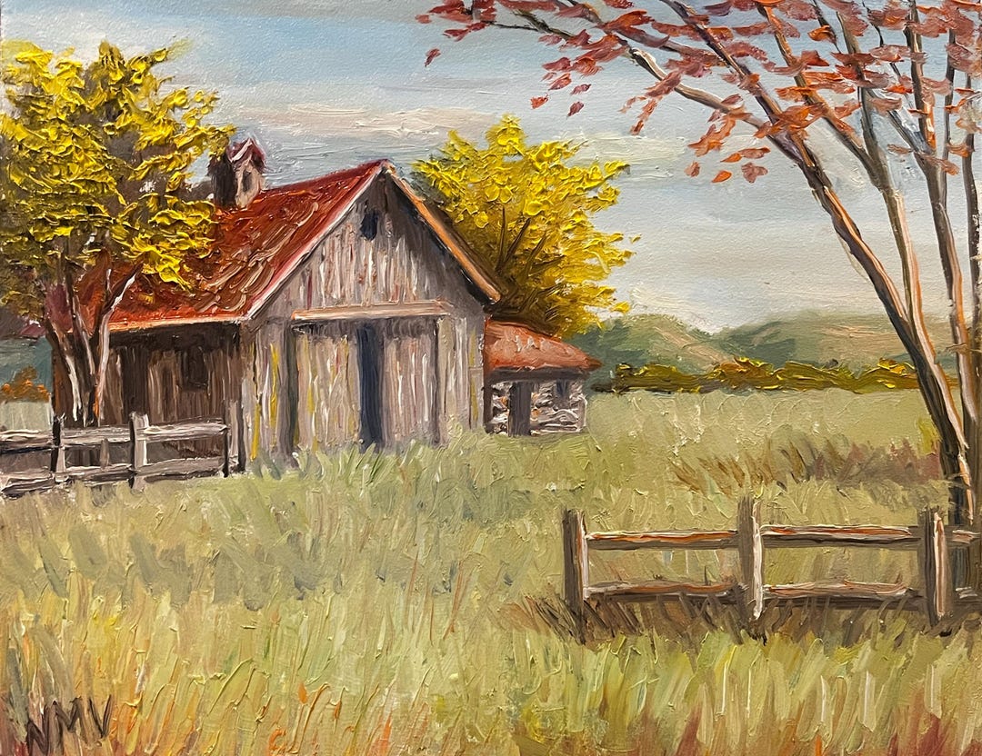 RUSTIC BARN Original Oil Landscape Painting Rural Country Farmhouse Art ...