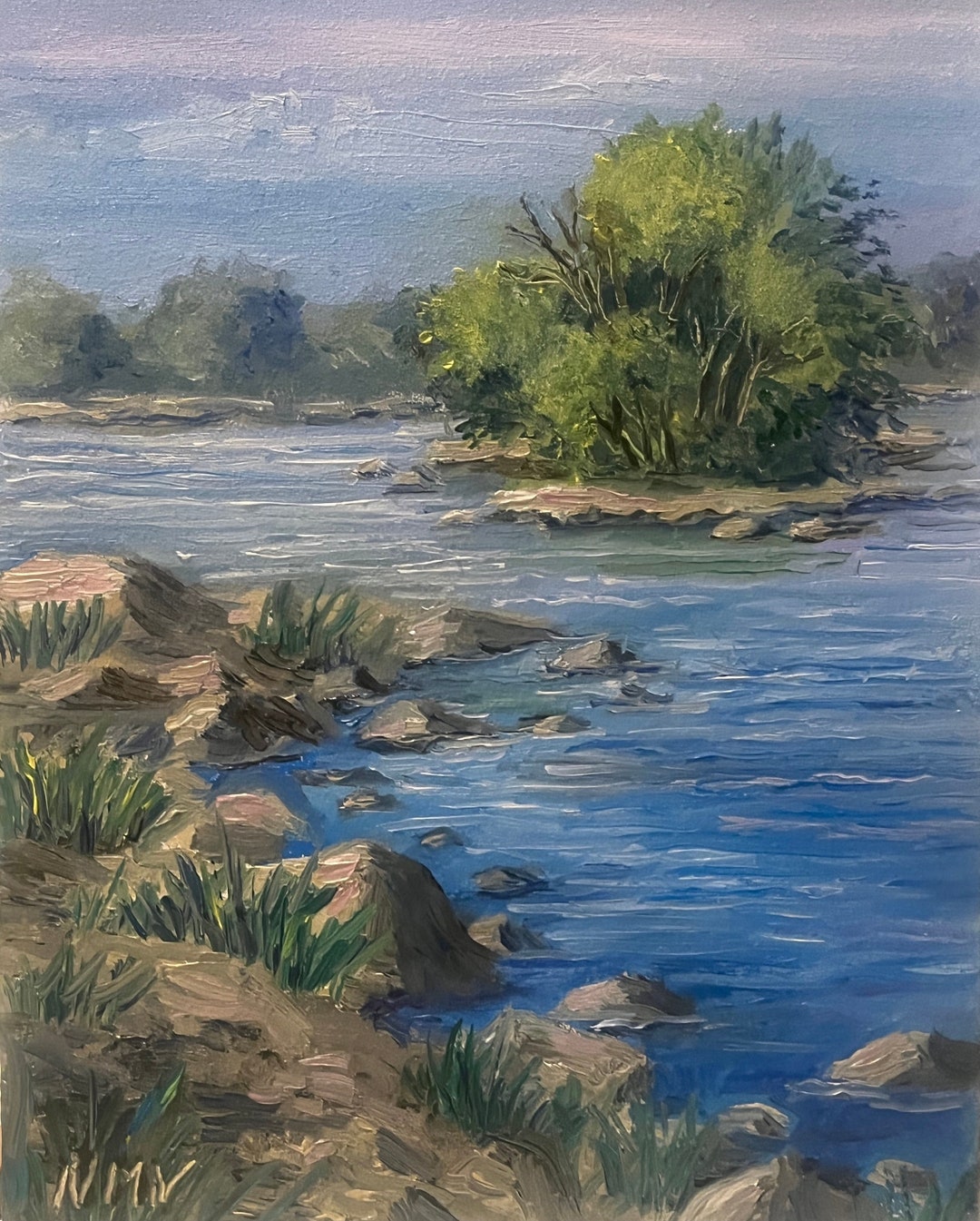 Original Oil Landscape Scenery Painting ISLAND IN RIVER Big Sioux River ...