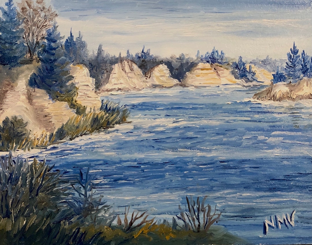 BLUE RIVER Original Oil Landscape Painting River Water Lake Bluffs Blue ...