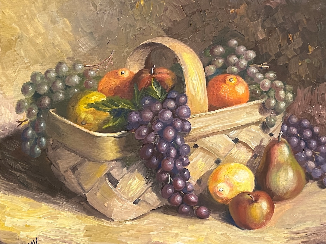 FRUIT BASKET Original Oil Still Life Painting Grapes Lemon Apples Pear ...
