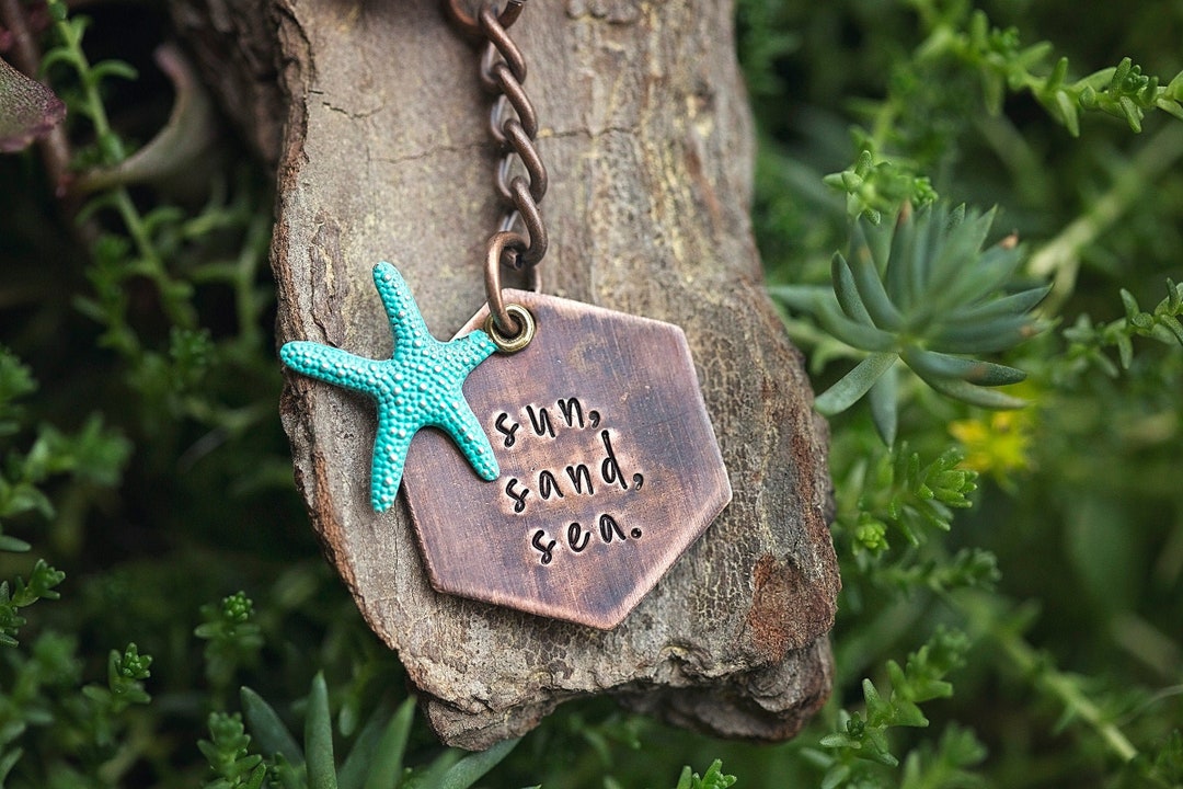 Beach Key Chain | Sun Sand Sea Starfish | Hand Stamped Honeycomb Copper ...