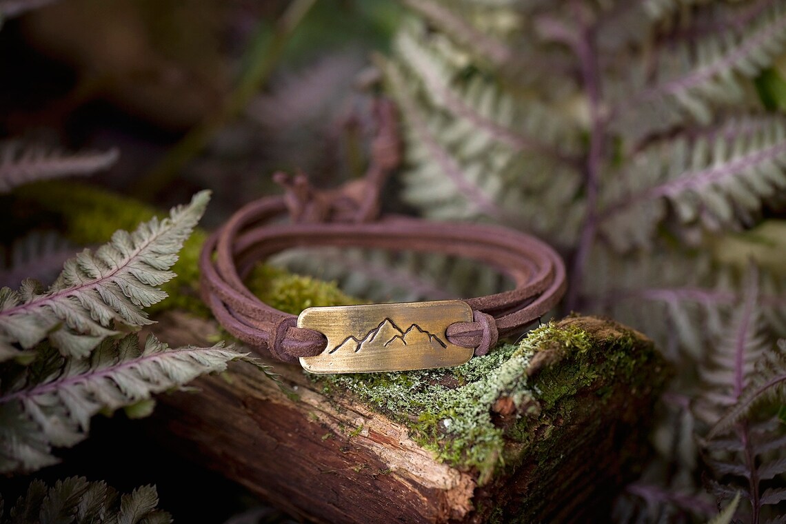 Hand Stamped Mountain Range Bracelet | Brass Tag, Brown Leather Wrap - Etsy