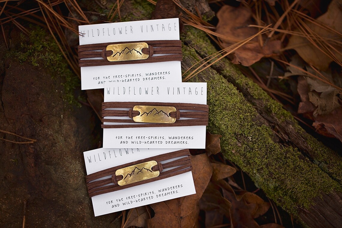 Hand Stamped Mountain Range Bracelet | Brass Tag, Brown Leather Wrap - Etsy
