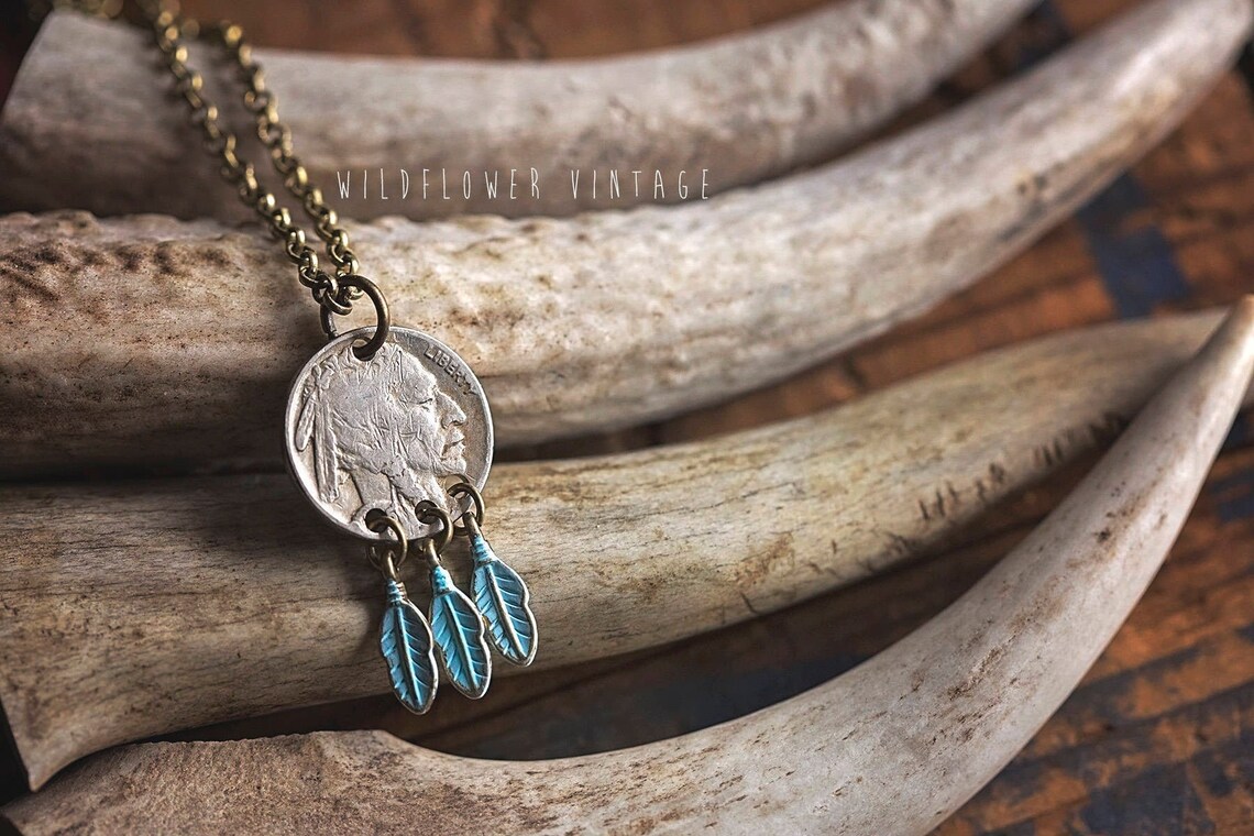 Vintage Buffalo Nickel Necklace | Boho Feather Charm, Native American ...