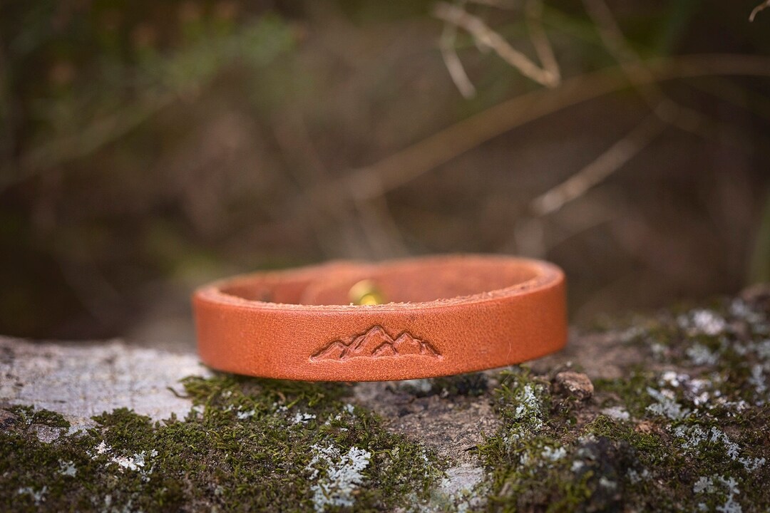 Mountain Range Leather Cuff Bracelet | Men's Hand-stamped Brown Unisex ...