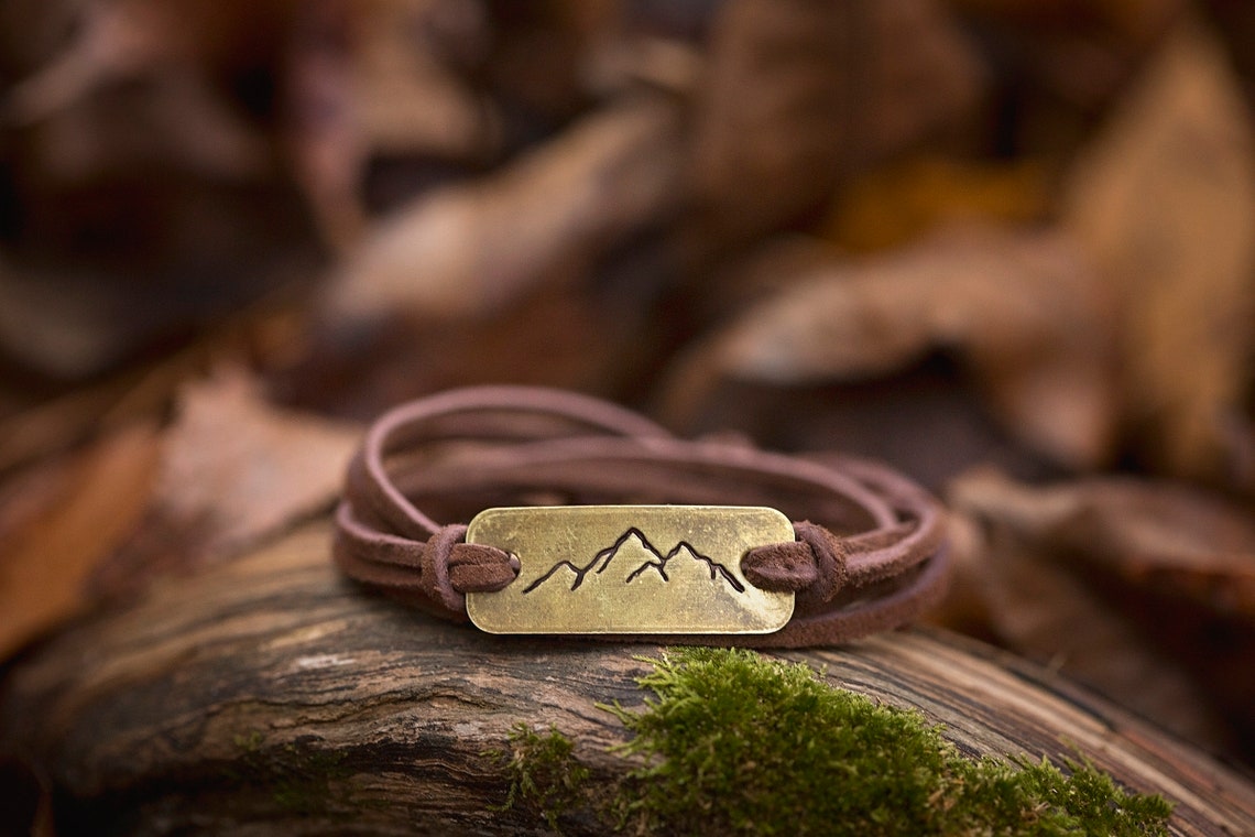 Hand Stamped Mountain Range Bracelet | Brass Tag, Brown Leather Wrap - Etsy