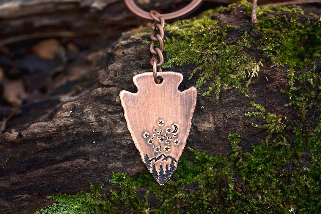 Copper Arrowhead Keychain | Night Sky Nature Scene | Hand-stamped ...