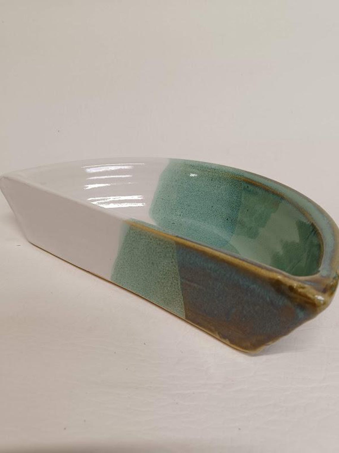 HALF PIE PLATE. Handmade Stoneware in Green / White Glazed Finish ...