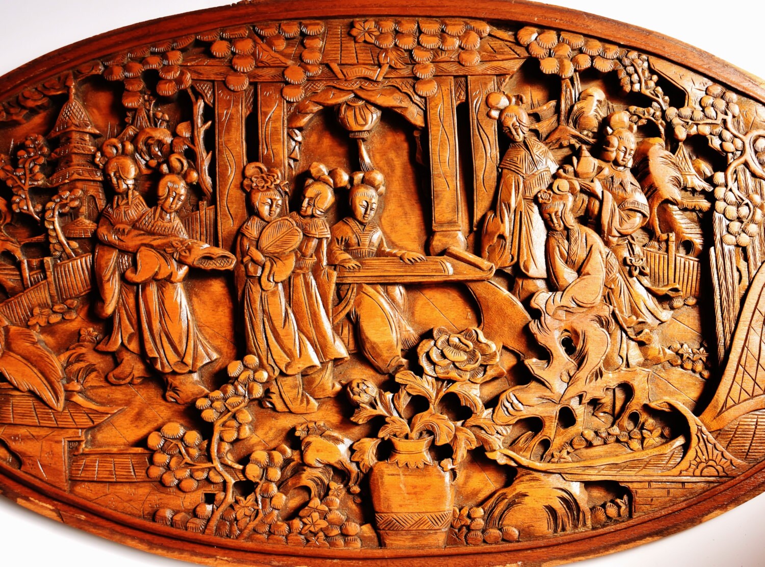 Vintage Chinese Large Camphorsingle Log八仙女 Wooden Carved Oval Panel ...