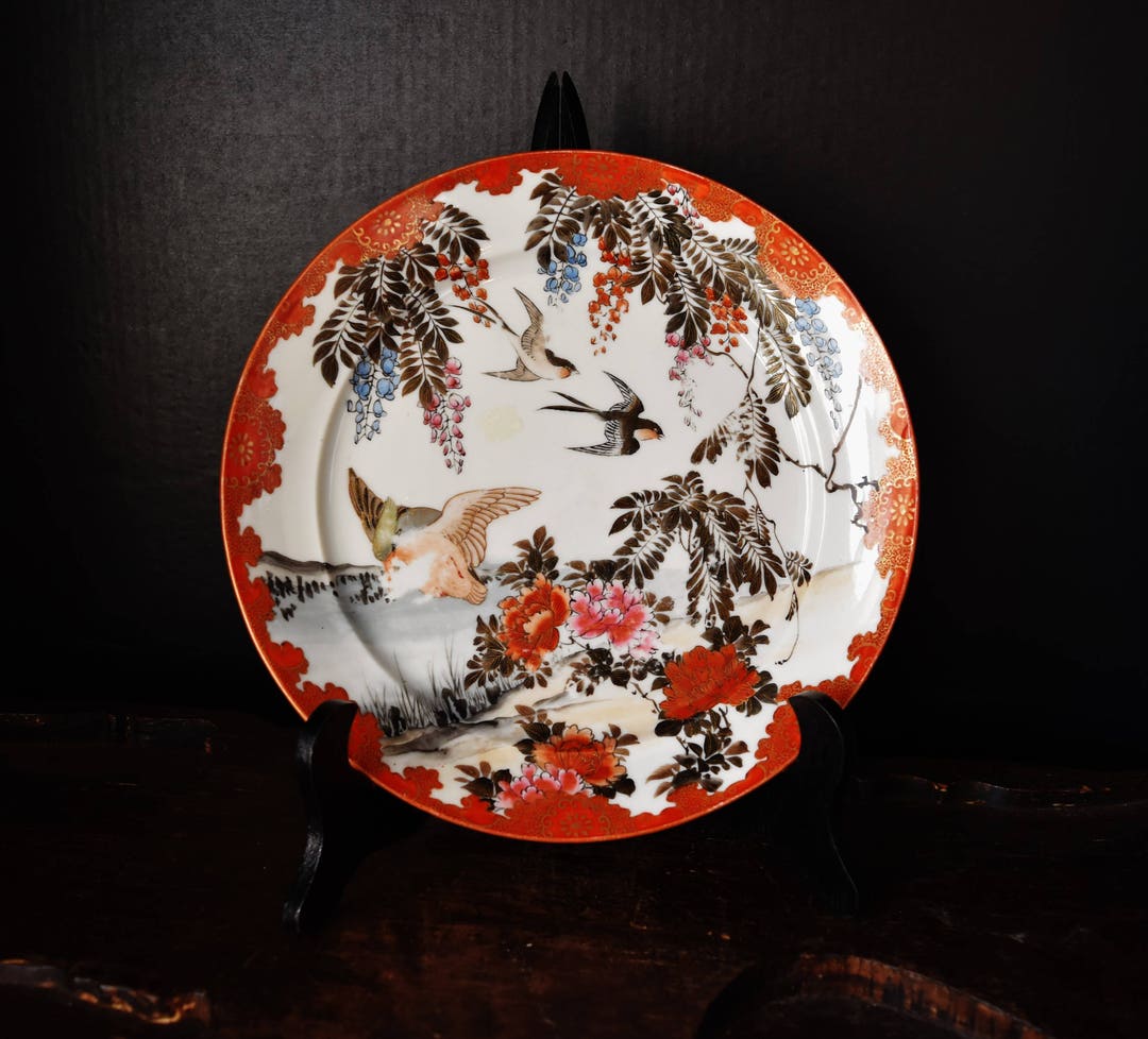 Japanese Meiji Kutani Dlaze Plate Fine Painted Spring Landscape Flowers ...