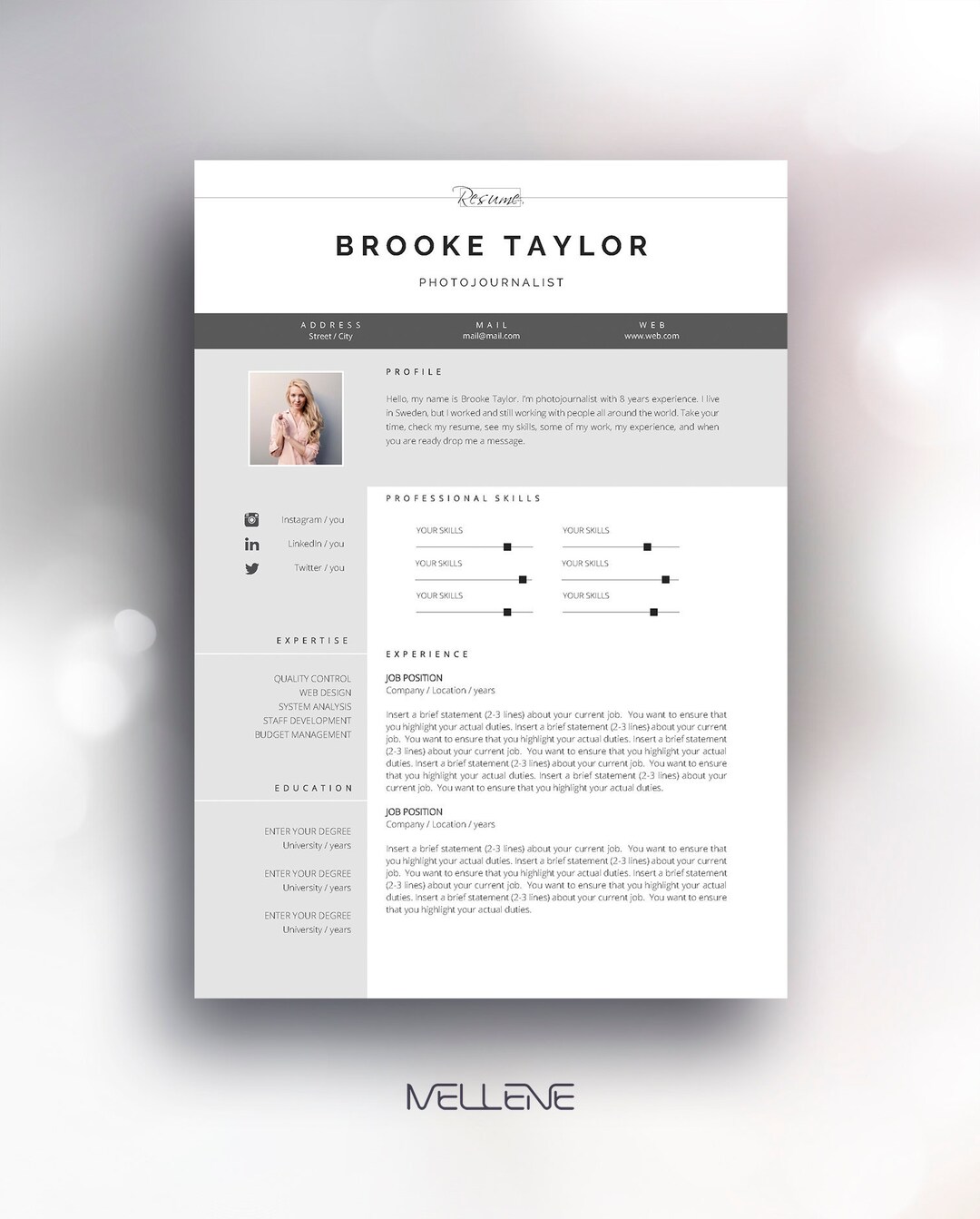 Resume Template 3 Page / CV Template + Cover Letter / Instant Download ...