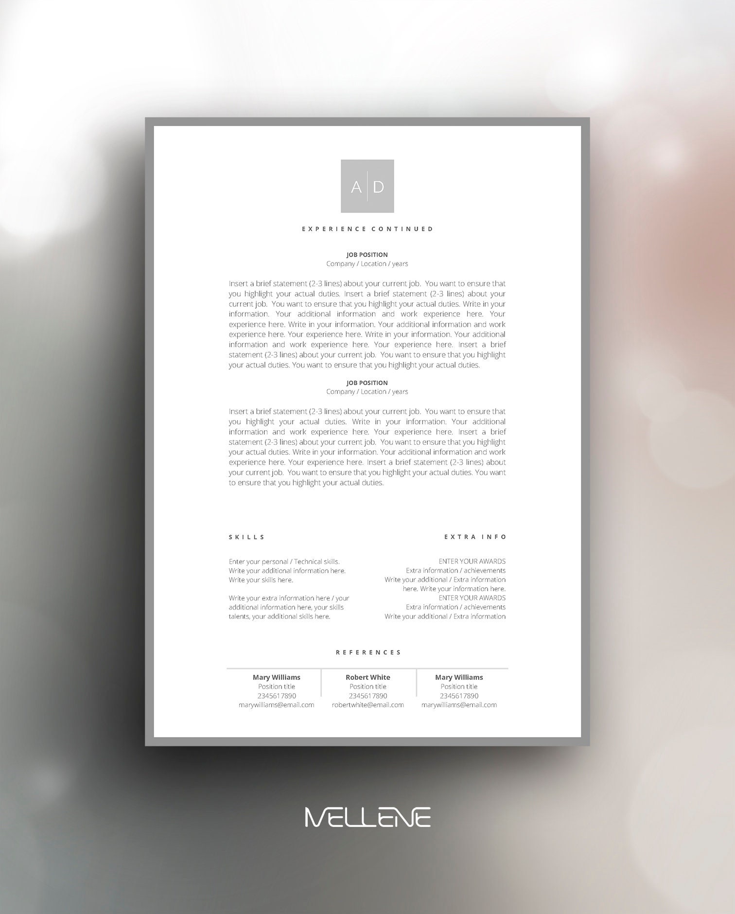 Resume Template 3 Page / CV Template + Cover Letter / Instant Download ...