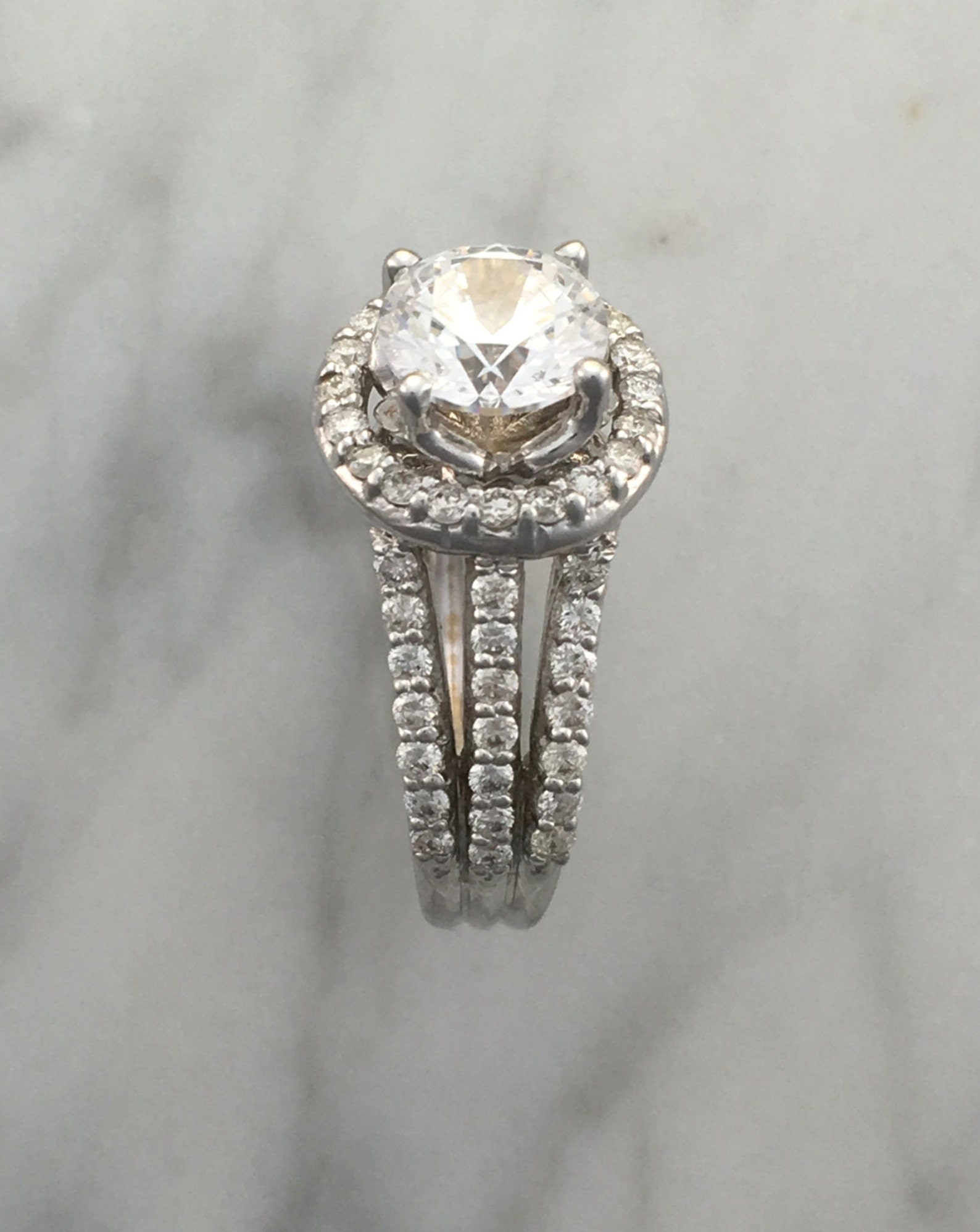 Triple Row Split Shank Round Halo Engagement Ring in 14K White | Etsy