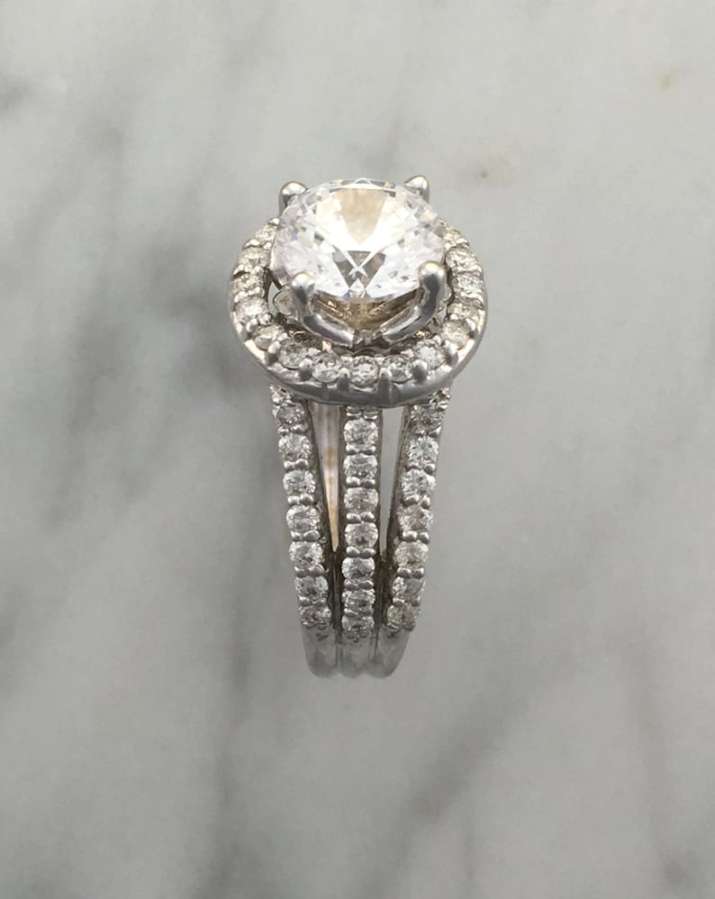 Triple Row Split Shank Round Halo Engagement Ring in 14K White - Etsy