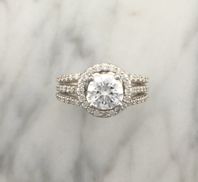 Triple Row Split Shank Round Halo Engagement Ring in 14K White - Etsy