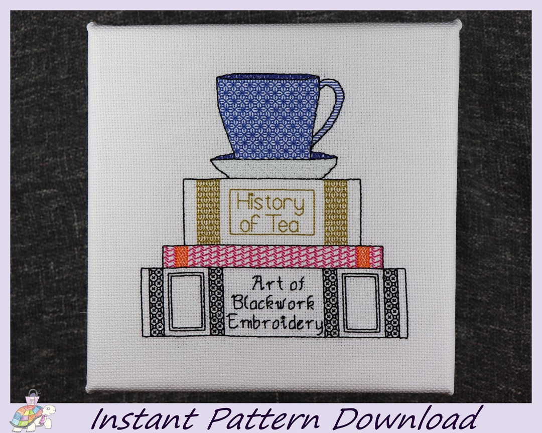 Tea & Books Coloured Blackwork Pattern (instant Download PDF Design) - Etsy