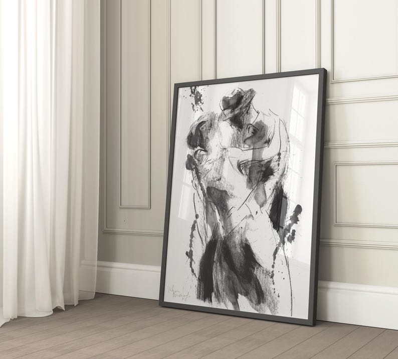 Monochrome Couple Drawing Print, Black and White Bedroom Wall Decor ...