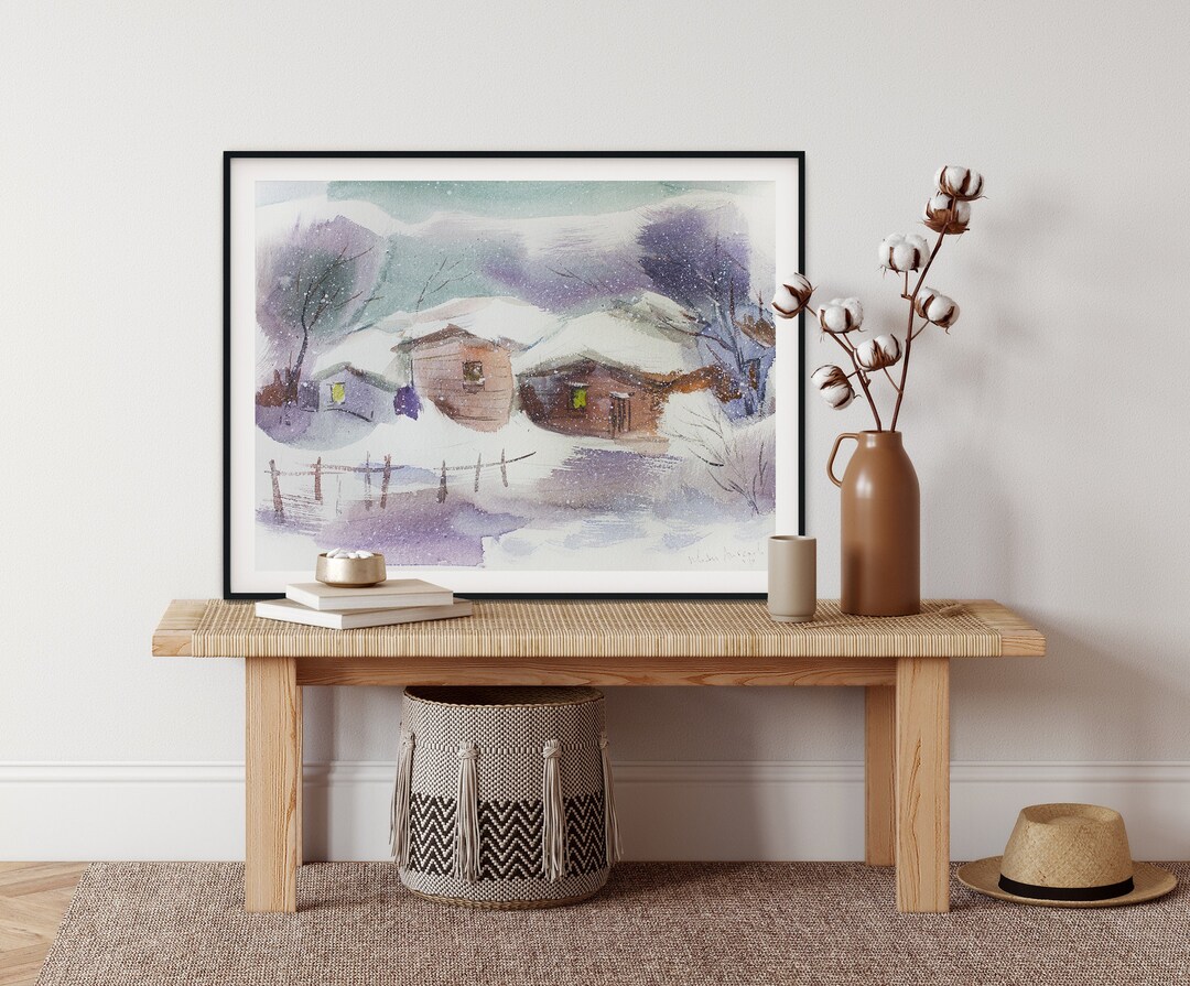 Watercolor Art Print, Christmas Wall Art Decor, Fireplace Decor, Winter ...