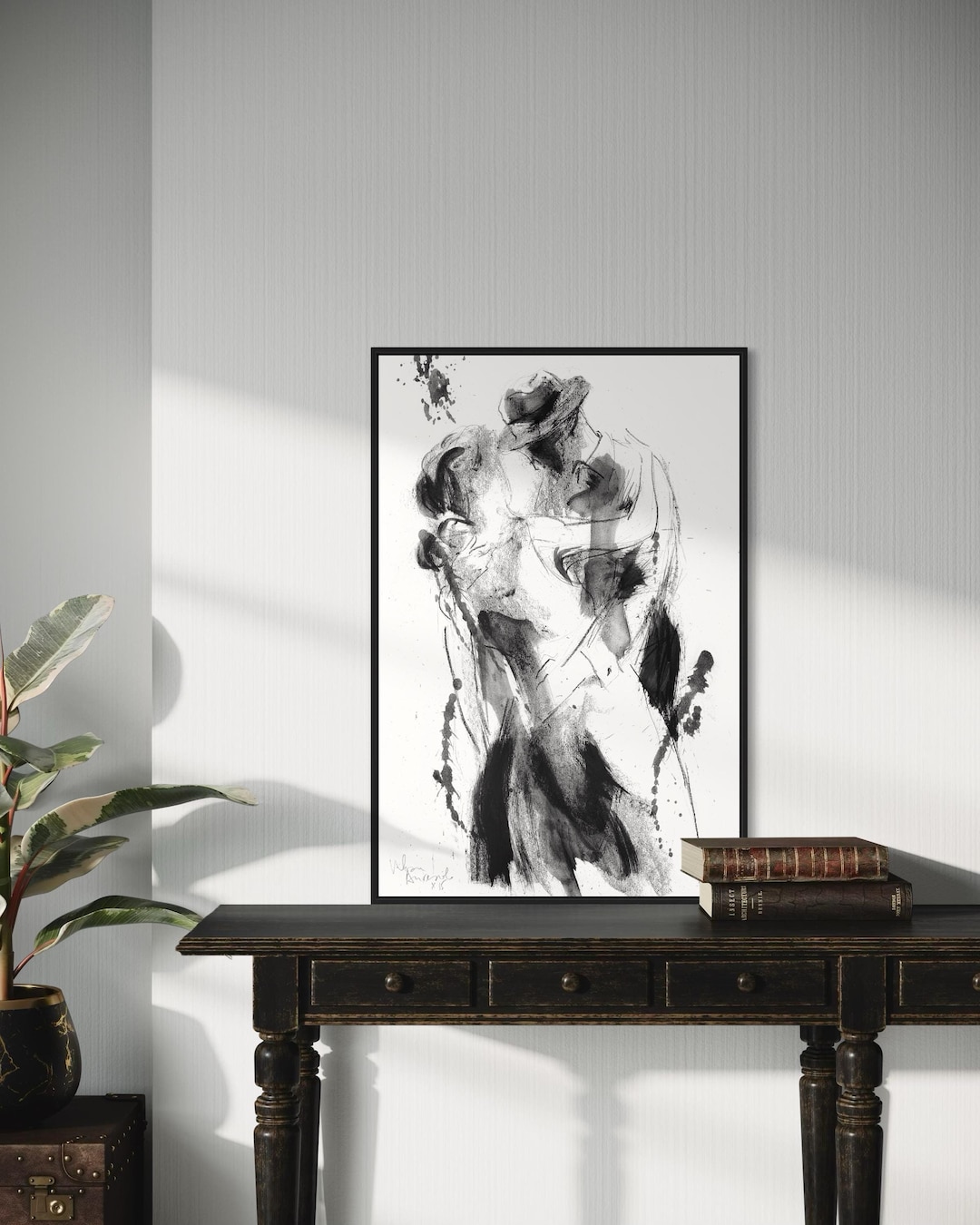 Monochrome Couple Drawing Print, Black and White Bedroom Wall Decor ...