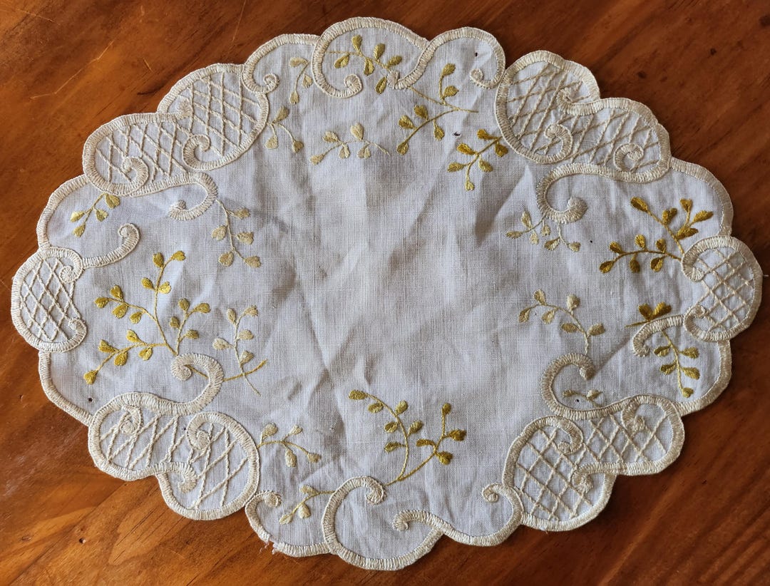 Ivory Oval Doilie With Gold Machine Embroidery Scroll Work 8 by 11 ...