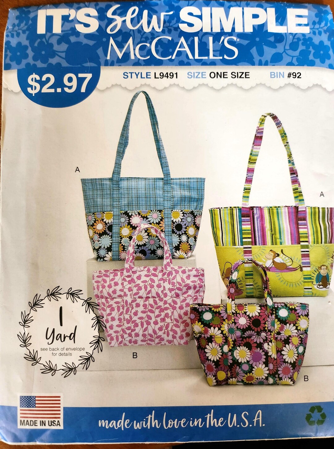 Mccalls L9492 Sew Simple Tote Bag Sewing Pattern Factory Folded - Etsy
