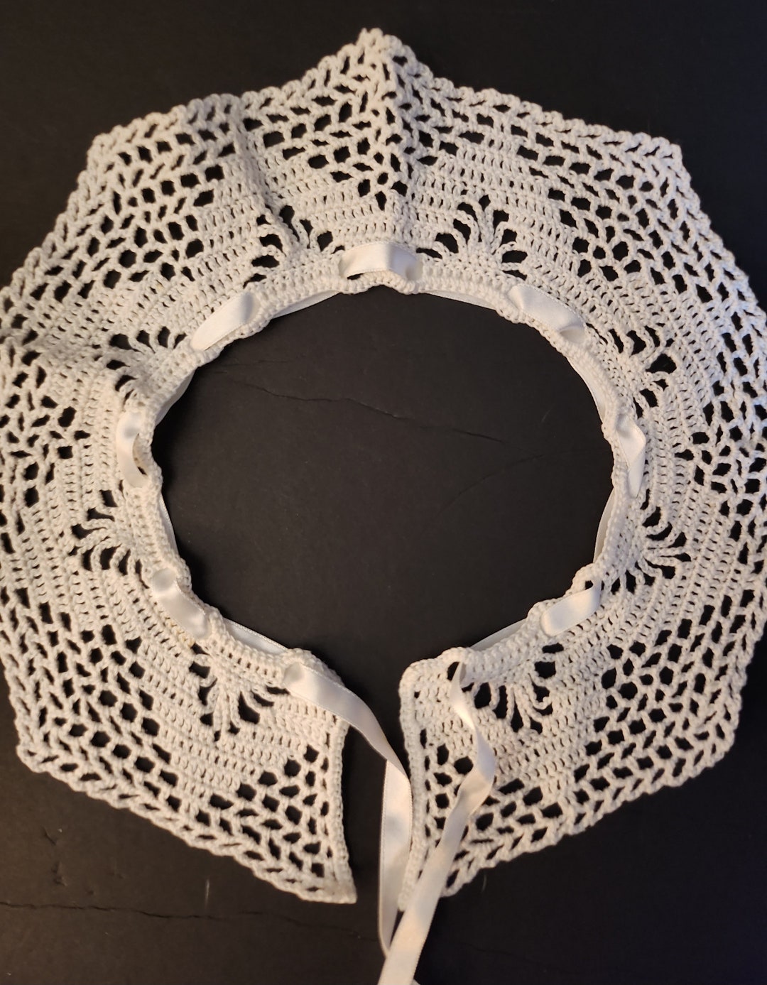 Handmade Crocheted White Neck Collar 20 Inches Ties White Satin Ribbon ...