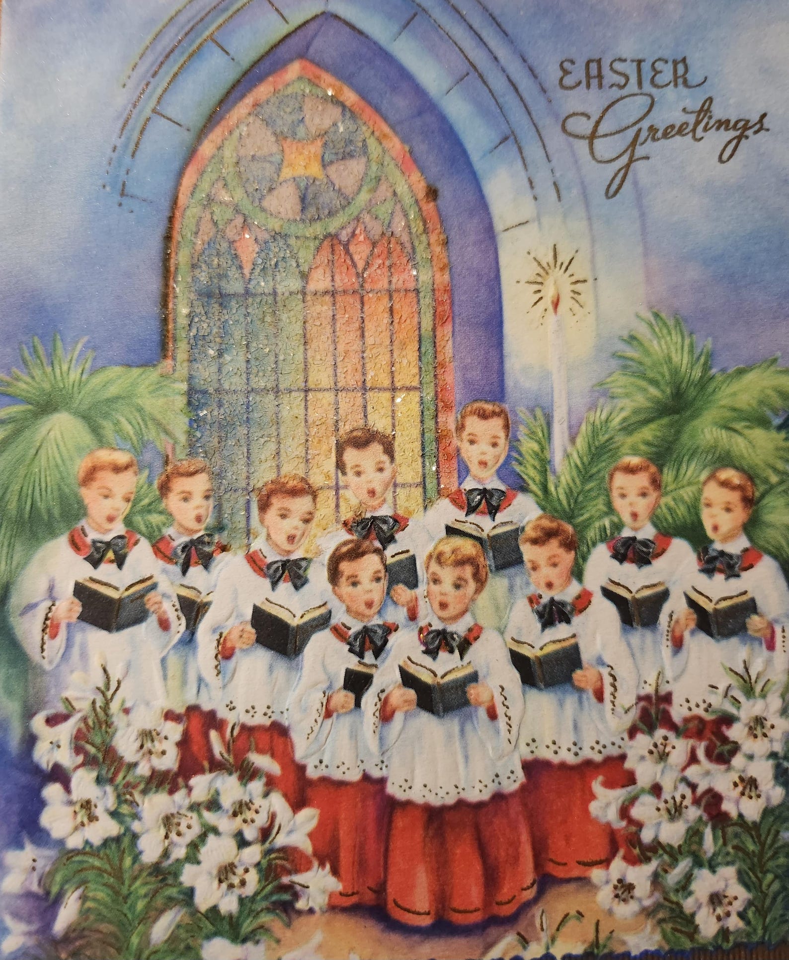 Easter Card Church Choir Stained Glass Window Glitter Accents 5 by 6 ...
