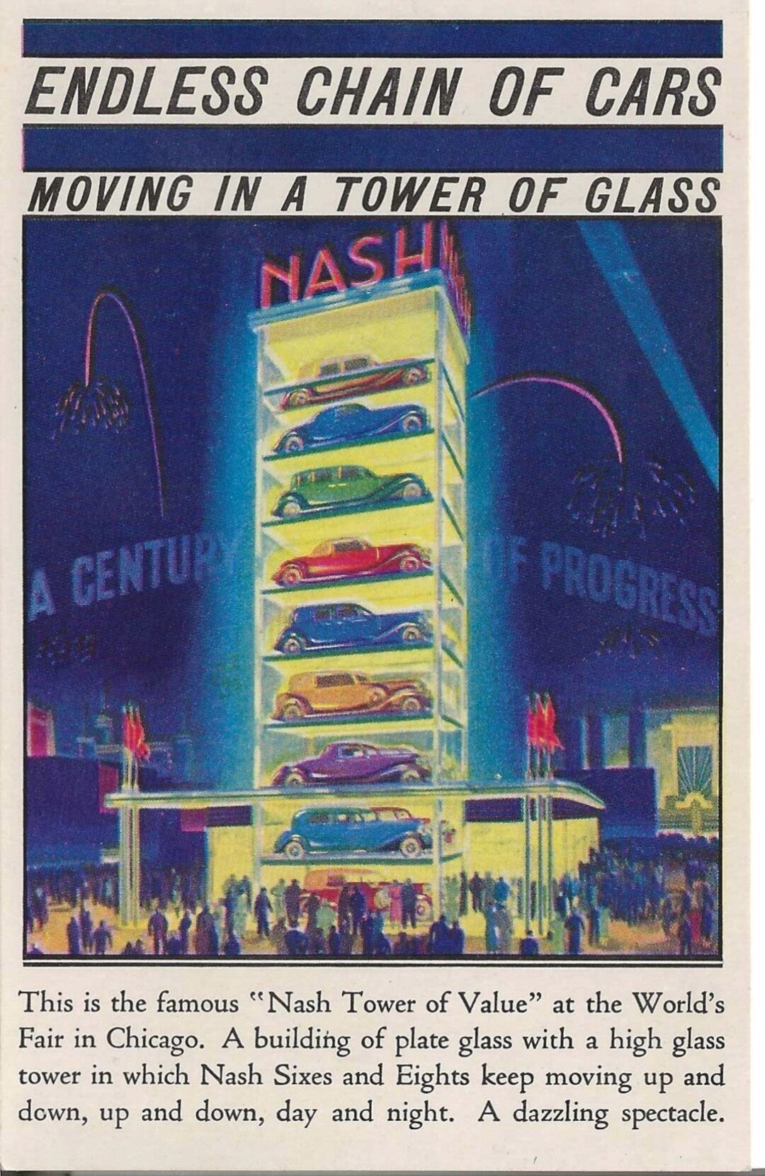 Nash Tower of Cars Illustrated Linen Postcard World's Fair Chicago ...
