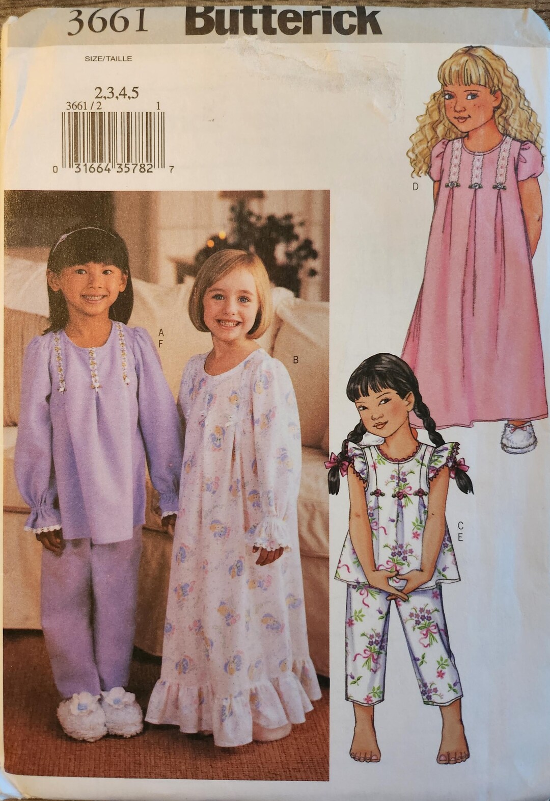 Butterick 3661 Sewing Pattern Girls Nightgown and Pajamas Size 2 to 5 ...