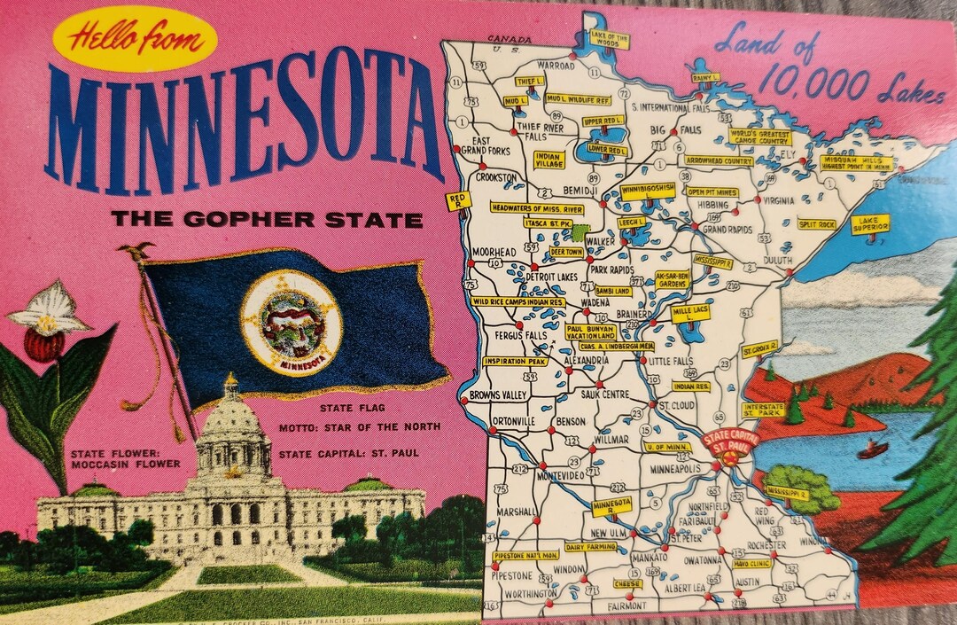 Minnesota Map the Gopher State and Cities Unused Postcard - Etsy