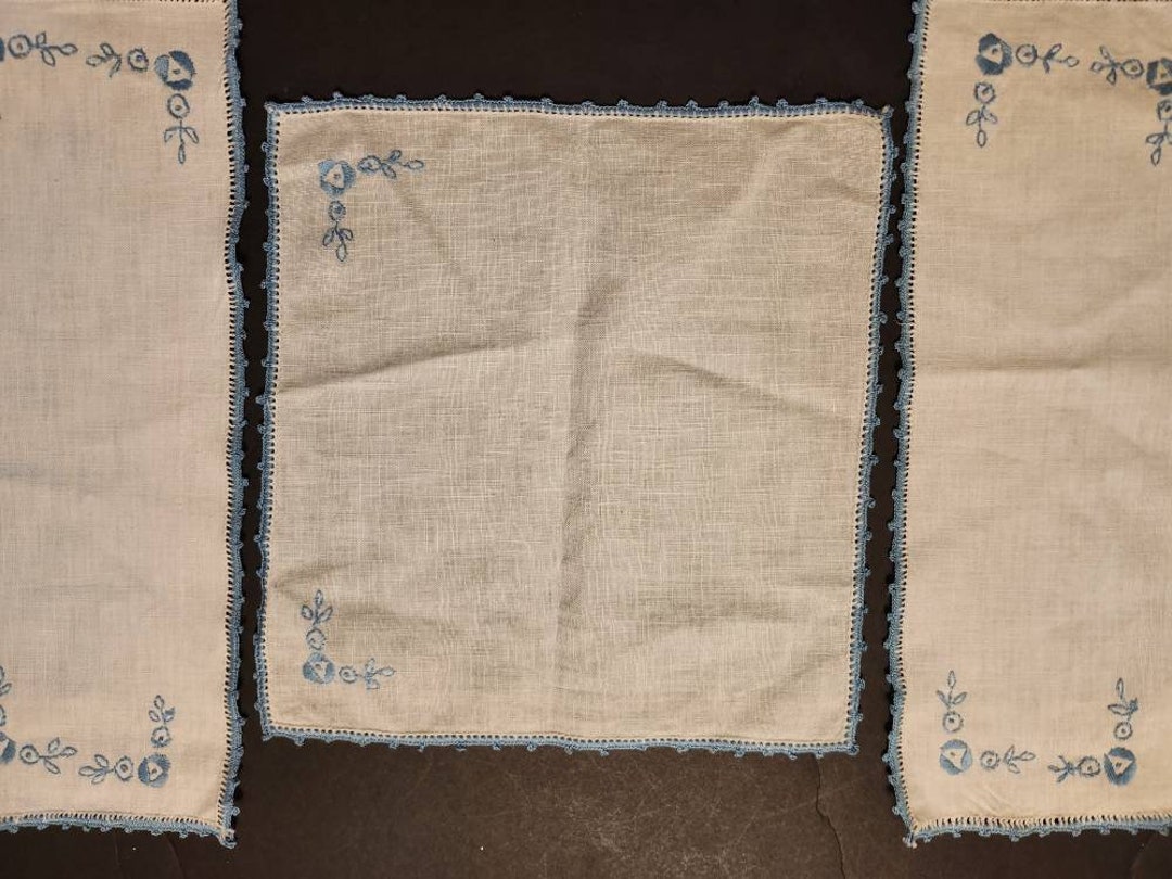 Hand Embroidered Blue Flower Pattern Doilies Set of Three Larger 10 ...