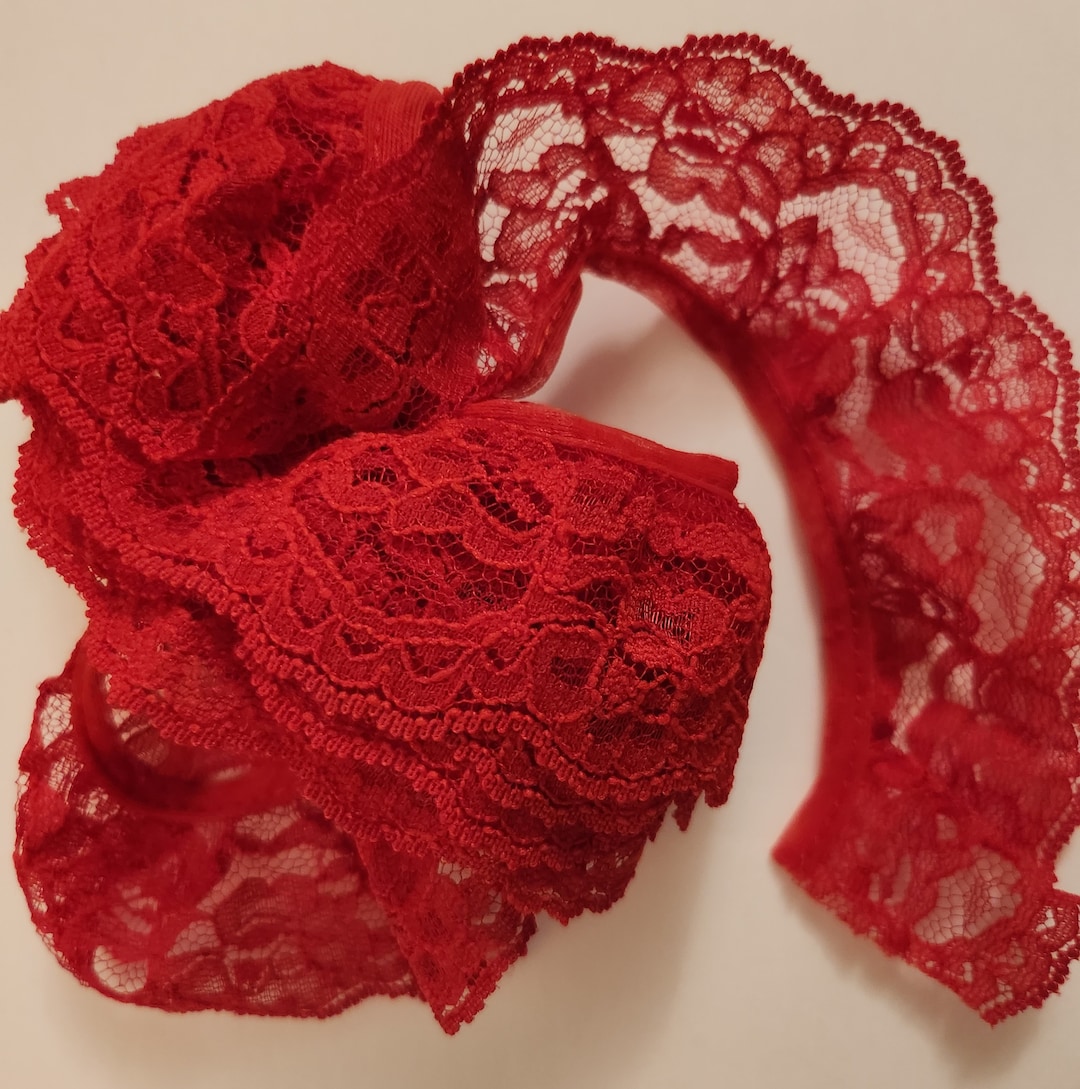 Bright Red Gathered Lace Trim or Edging Measures 1 1/2 Yards by 1 3/4 ...