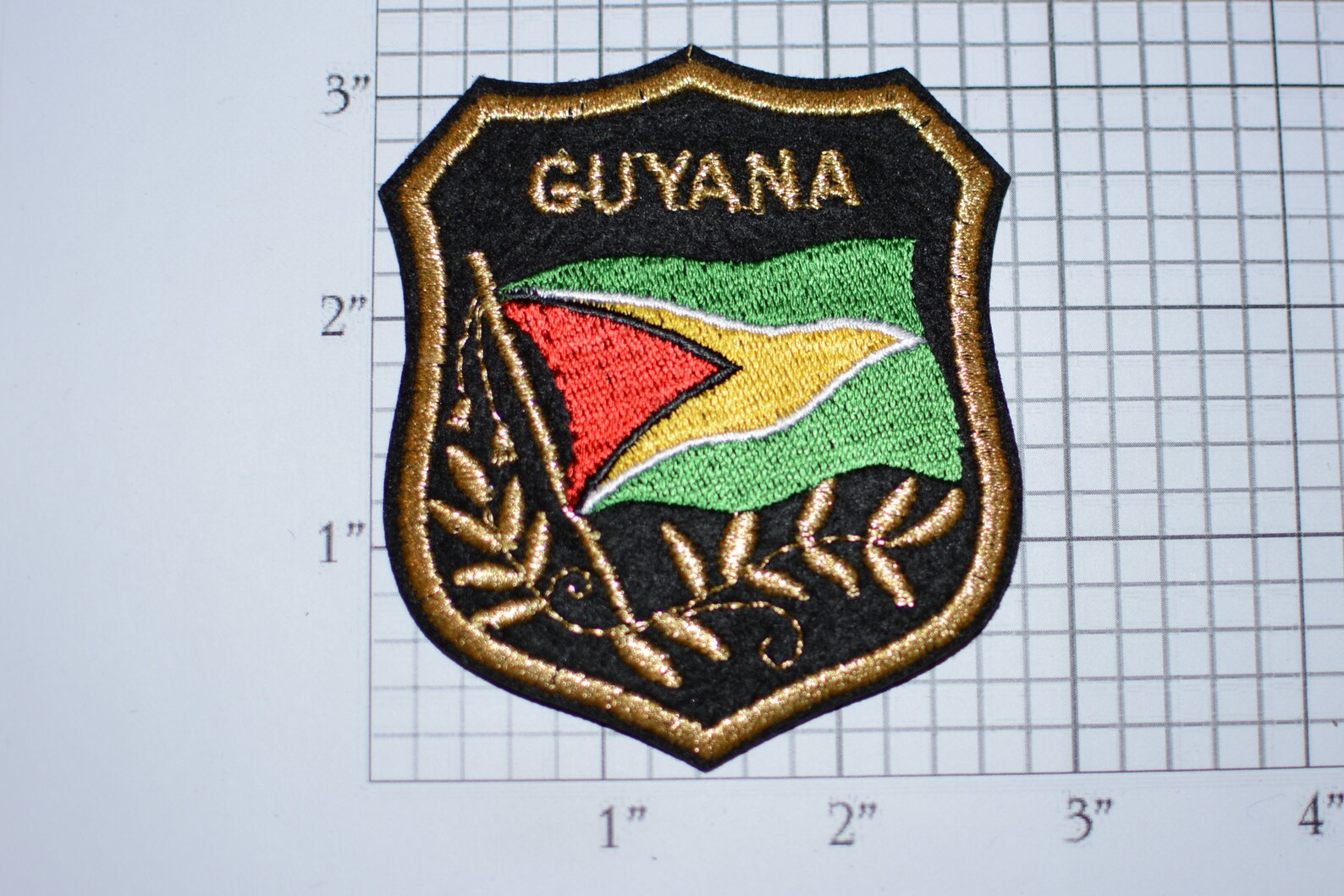 GUYANA SA Iron-on Embroidered Clothing Patch Flag in Shield Design W/metallic Gold Threading ...