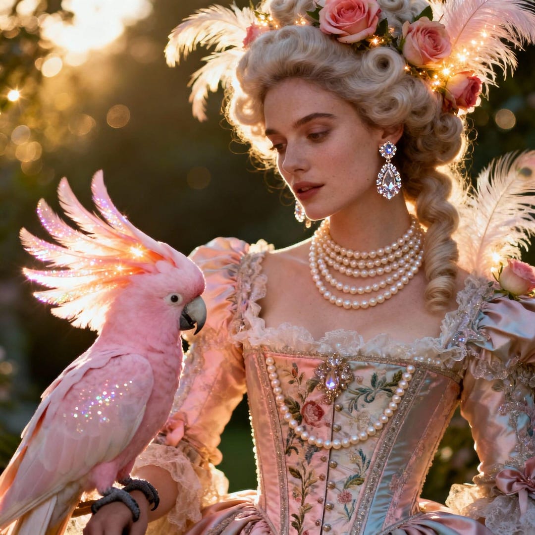 Rococo Inspired Fantasy Portrait of Elegant Woman With Pink Cockatoo ...