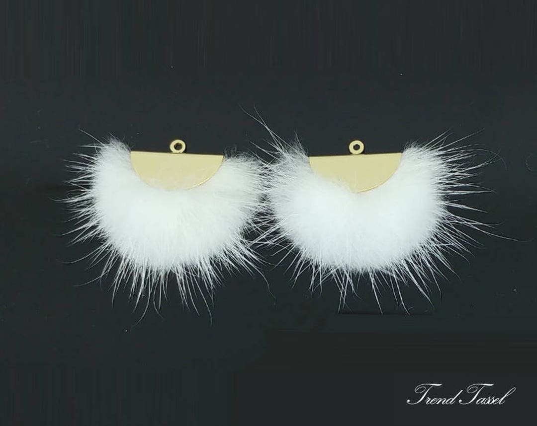 2 PCS - White Fur Fan With Semi Circle Cap, Genuine Mink Pom Pom Tassel ...