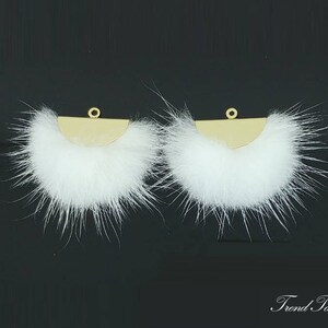 2 PCS - White Fur Fan With Semi Circle Cap, Genuine Mink Pom Pom Tassel ...