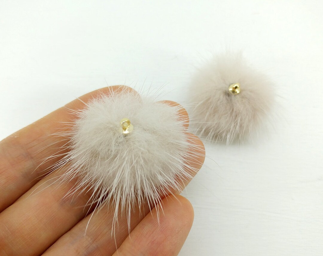 2 PCS - (ring) Milk Beige 30mm Genuine Mink Fur Ball With Ring Cap, Pom ...