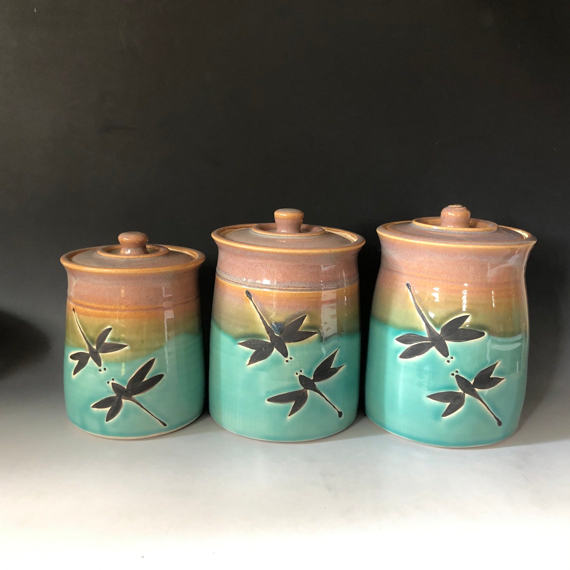 Handmade Pottery Storage Jars Set of 3 Dragonfly Canisters | Etsy
