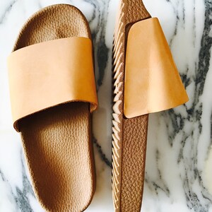 Tobacco Brown Platform Sliders, Nubuck Pool Slides, Flat Leather ...