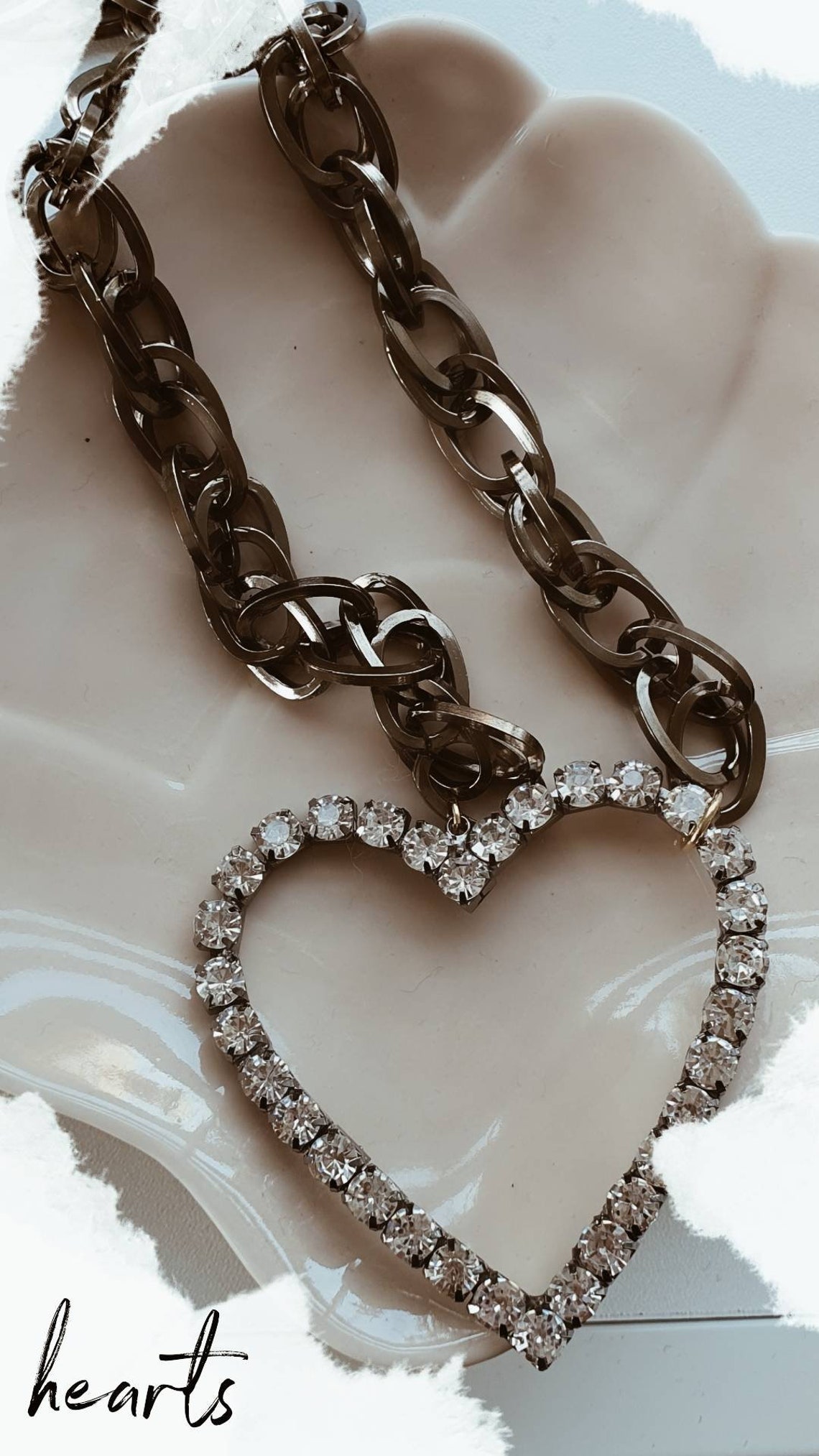 Heart Necklace Chunky Chain Bronze Neckpiece Crystal Heart - Etsy