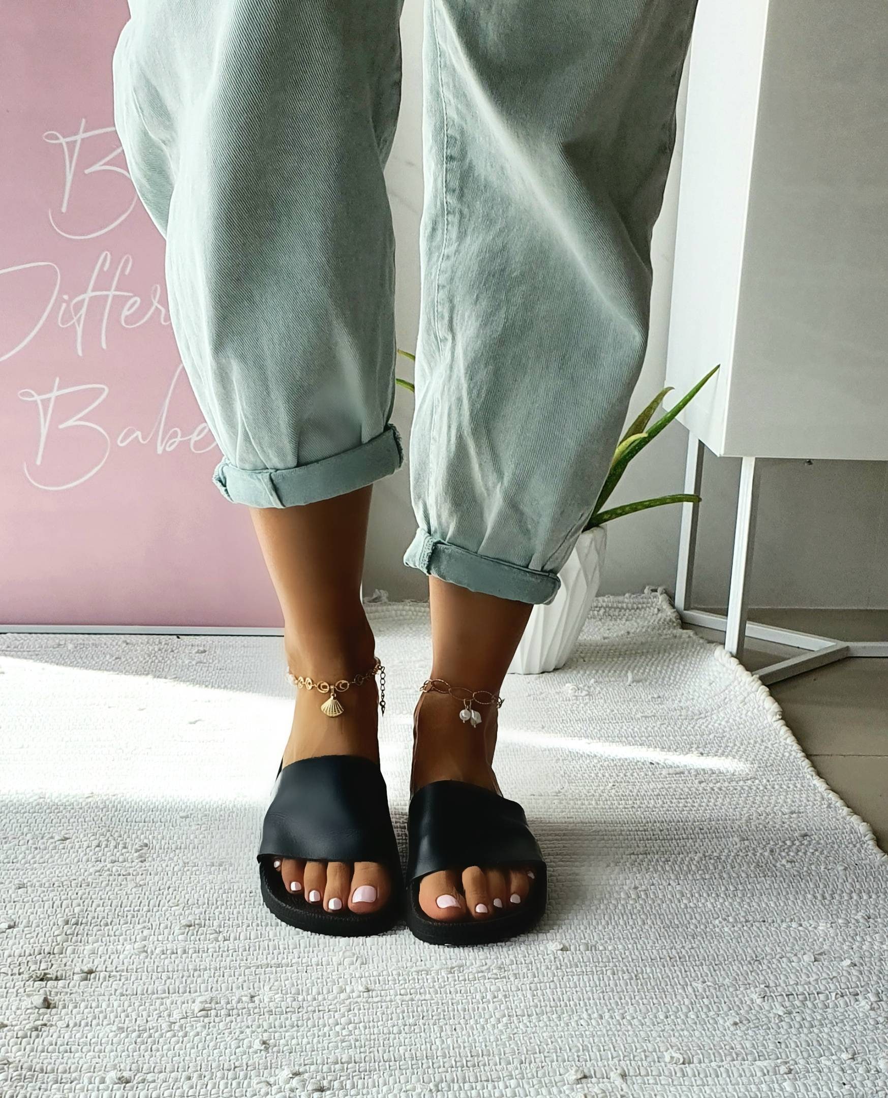 Black Platform Sliders, Black Pool Slides, Flat Leather Slipper Sandals ...