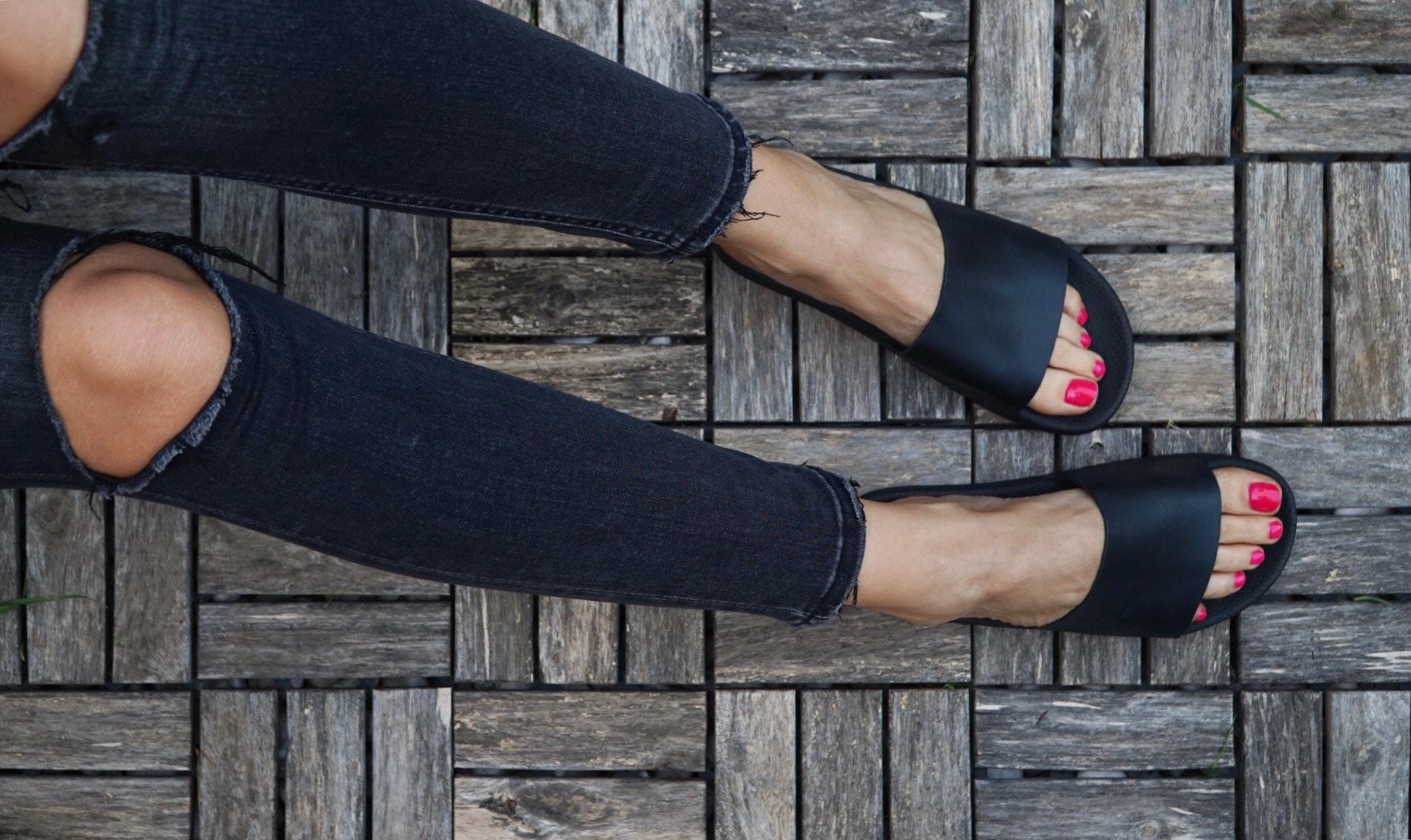 Black Platform Sliders, Black Pool Slides, Flat Leather Slipper Sandals ...