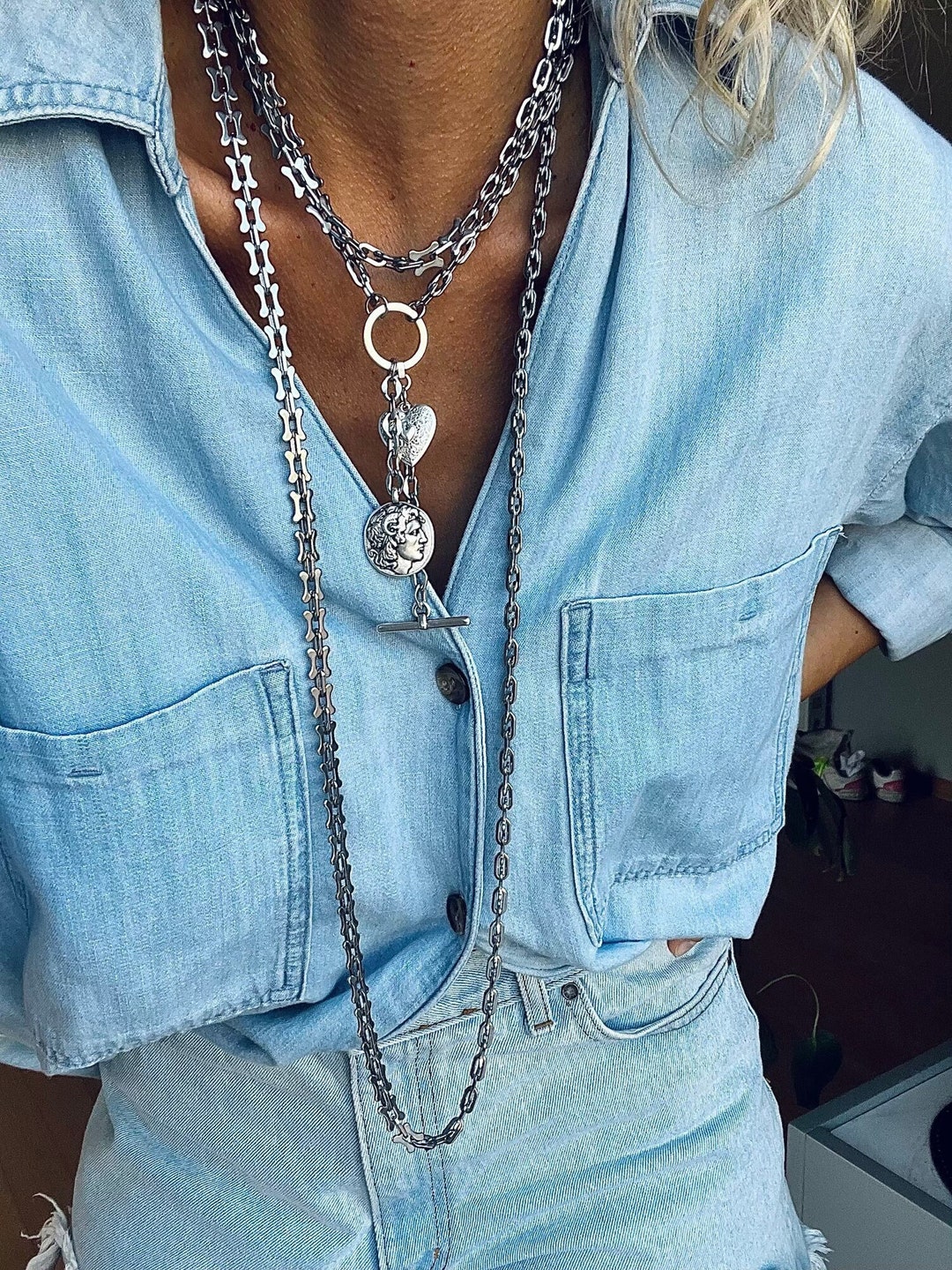 Silver Chunky Chain Lariat and Long Necklace, Silverplated in Sterling ...